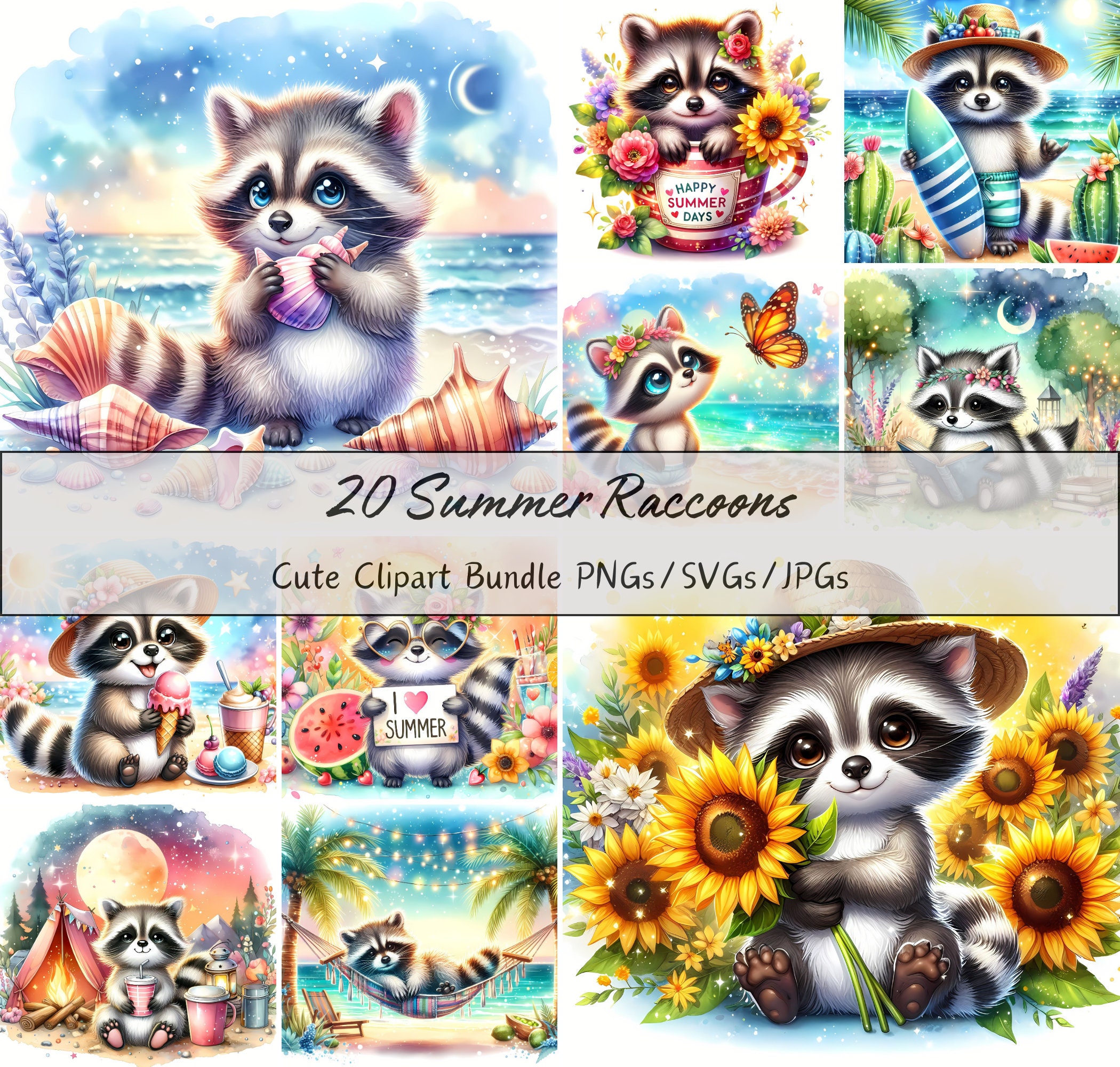 Cute Summer Raccoons Clipart Bundle, Watercolor Raccoon Clip Art Images ...