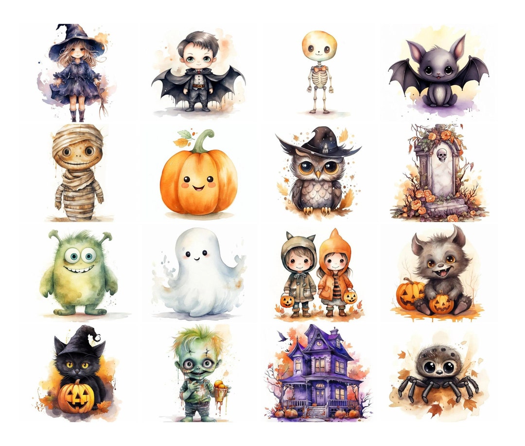 133 Cute Watercolor Halloween Clipart Bundle, Very Cute Mega Halloween ...