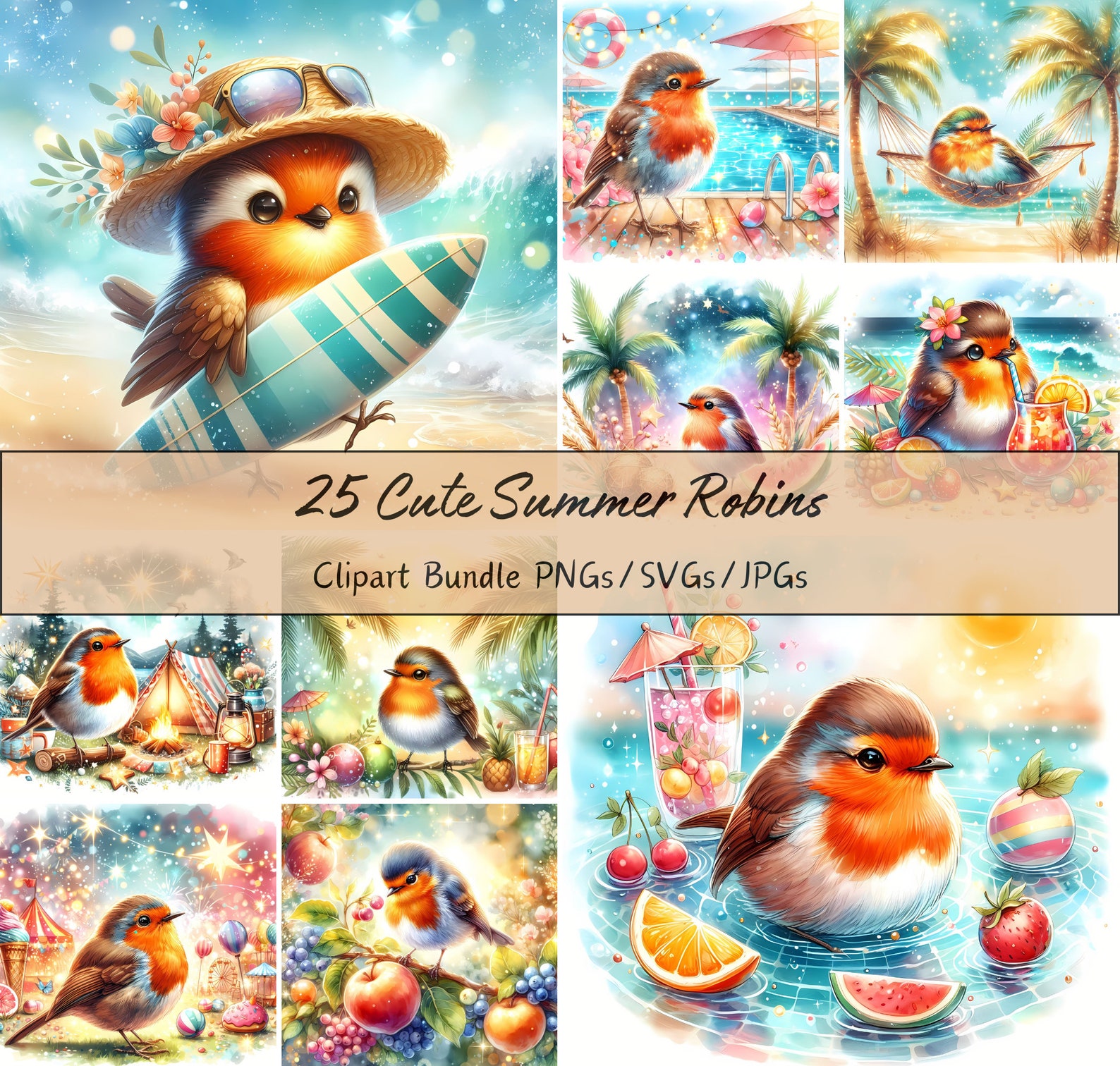 Cute Summer Robins Clipart Bundle, Watercolor Robin Clip Art Images ...