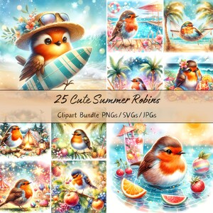 Cute Summer Robins Clipart Bundle, Watercolor Robin Clip Art Images ...
