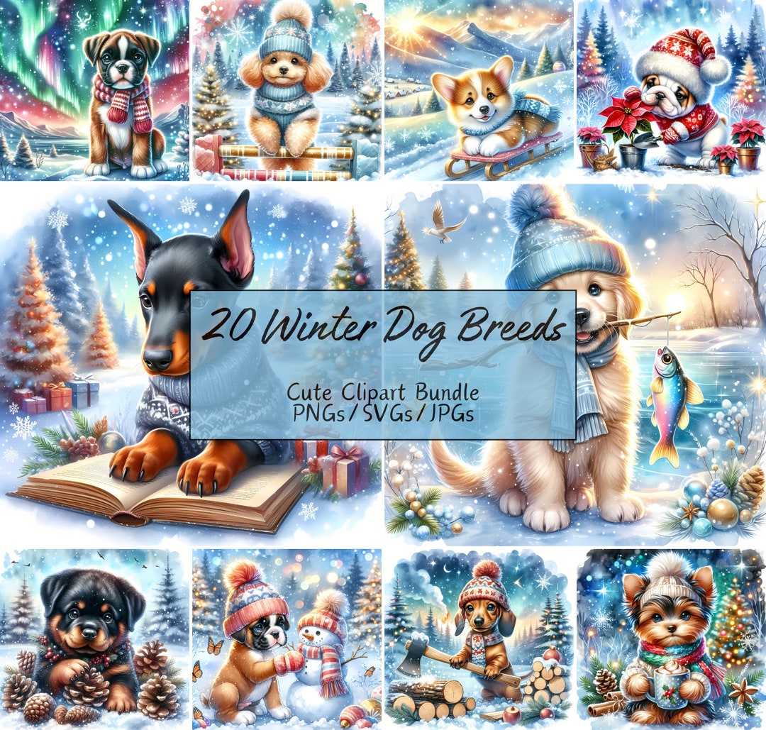 Cute Winter Dog Breeds Clipart Bundle, Festive Watercolor Clip Art ...