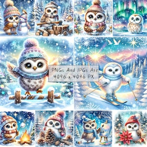 Cute Winter Owl Clipart Bundle, Festive Watercolor Clip Art Images, 20 ...