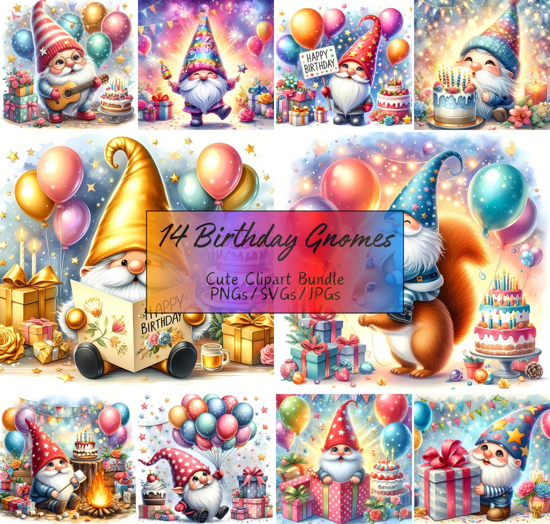 Cute Birthday Gnomes Clipart Bundle, Festive Watercolor Clip Art Images ...