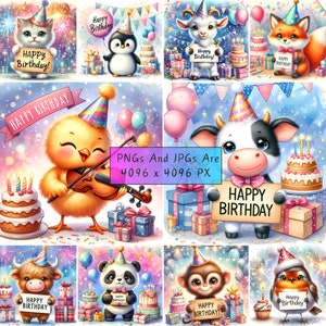 Cute Happy Birthday Animals Clipart Bundle, Festive Watercolor Clip Art ...