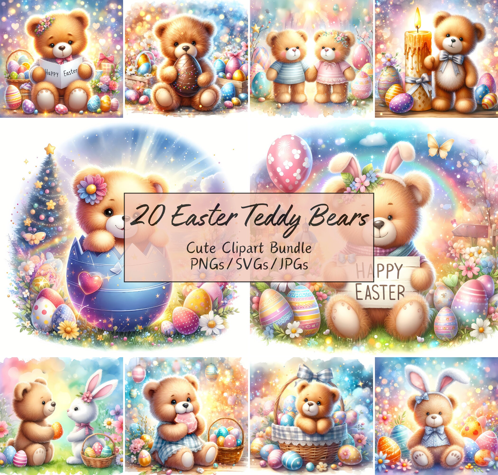 Cute Easter Teddy Bears Clipart, Funny Watercolor Teddy Bear Images ...