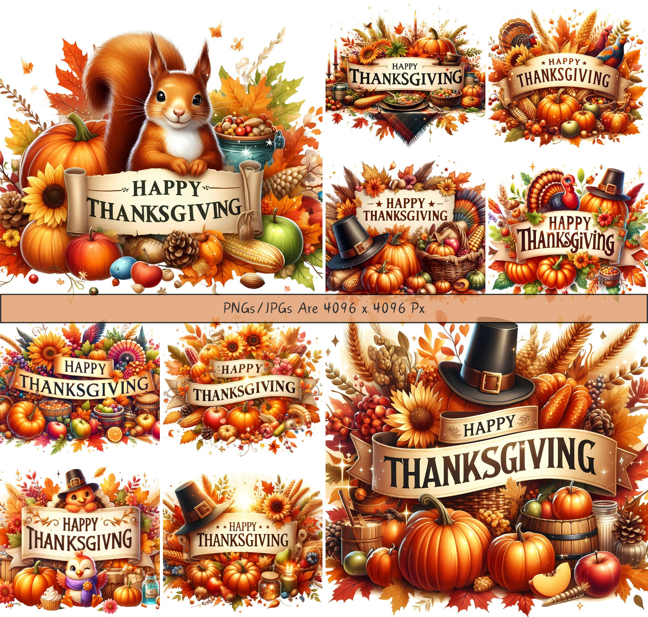 Happy Thanksgiving Banners Clipart Bundle, Watercolor Clip Art Images ...