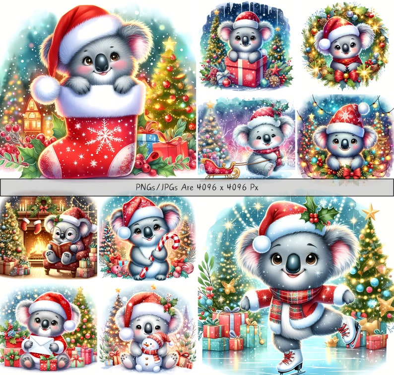 Cute Christmas Koalas Clipart Bundle, Xmas Koala Clip Art Images ...