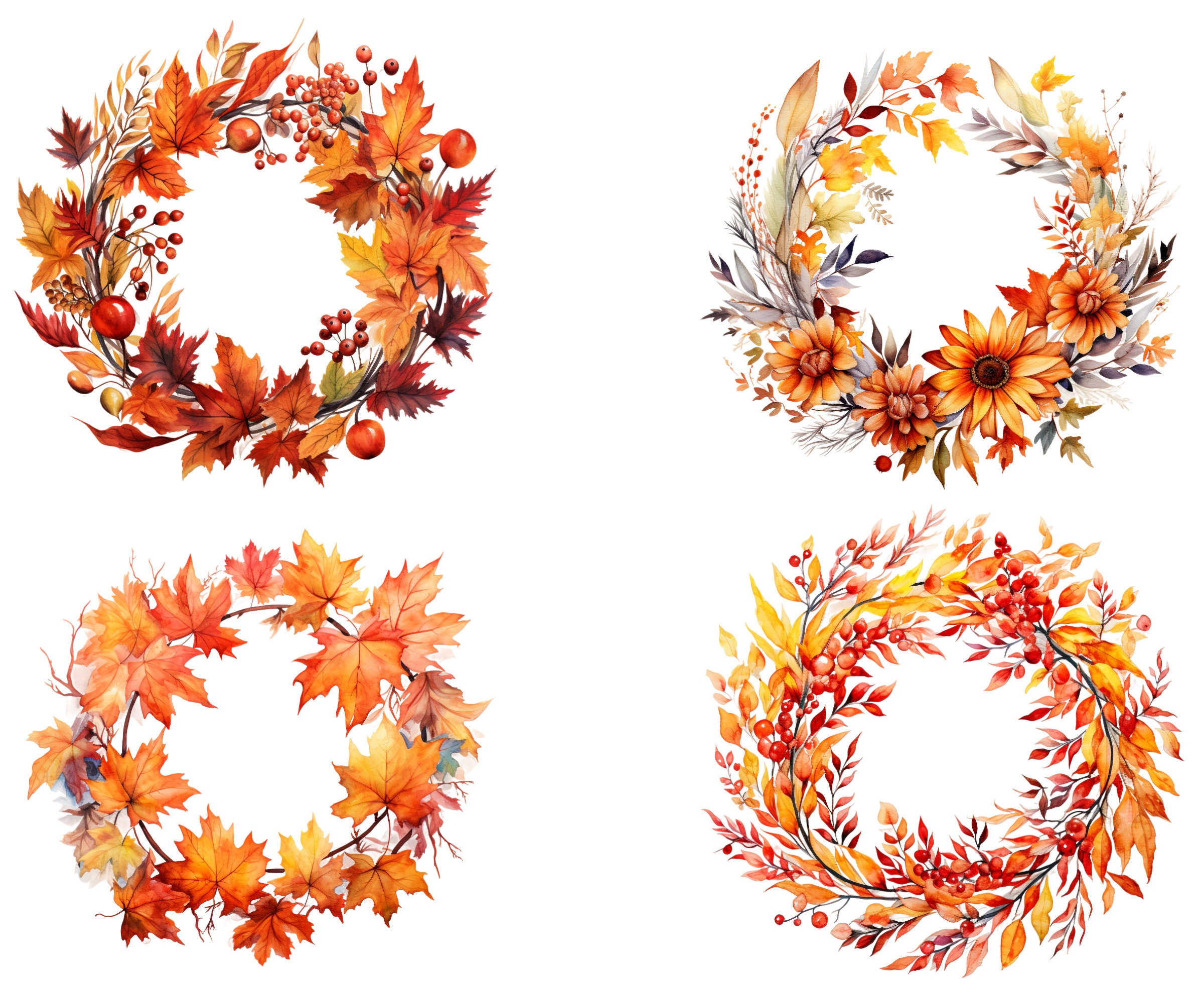 20 Watercolor Fall Wreaths, Transparent Backgrounds, Autumn Bundle ...