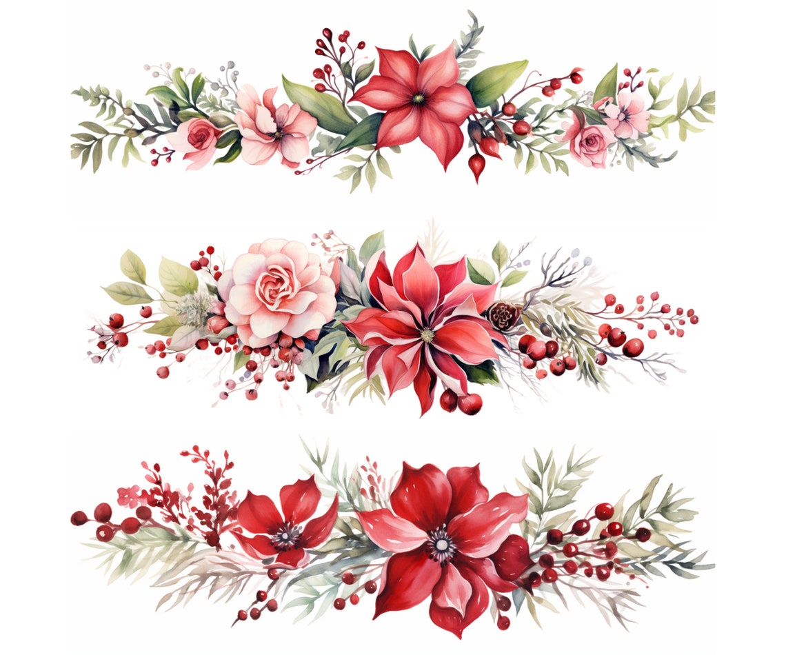 Watercolor Christmas Flower Borders Clipart, 20 Floral Pngs/jpgs/svgs ...