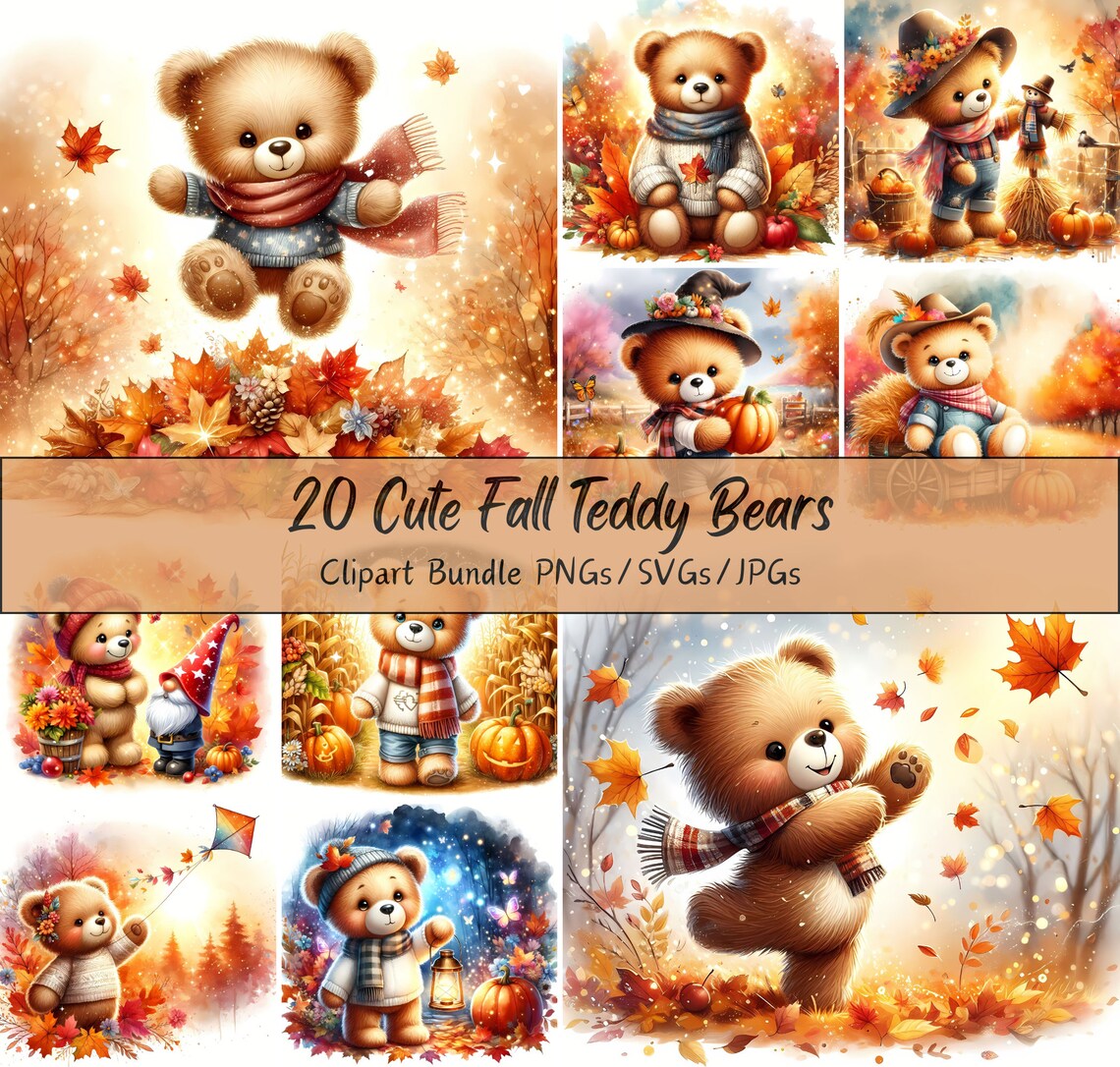 Cute Fall Teddy Bears Clipart Bundle, Watercolor Teddies Clip Art ...