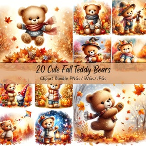 Cute Fall Teddy Bears Clipart Bundle, Watercolor Teddies Clip Art ...