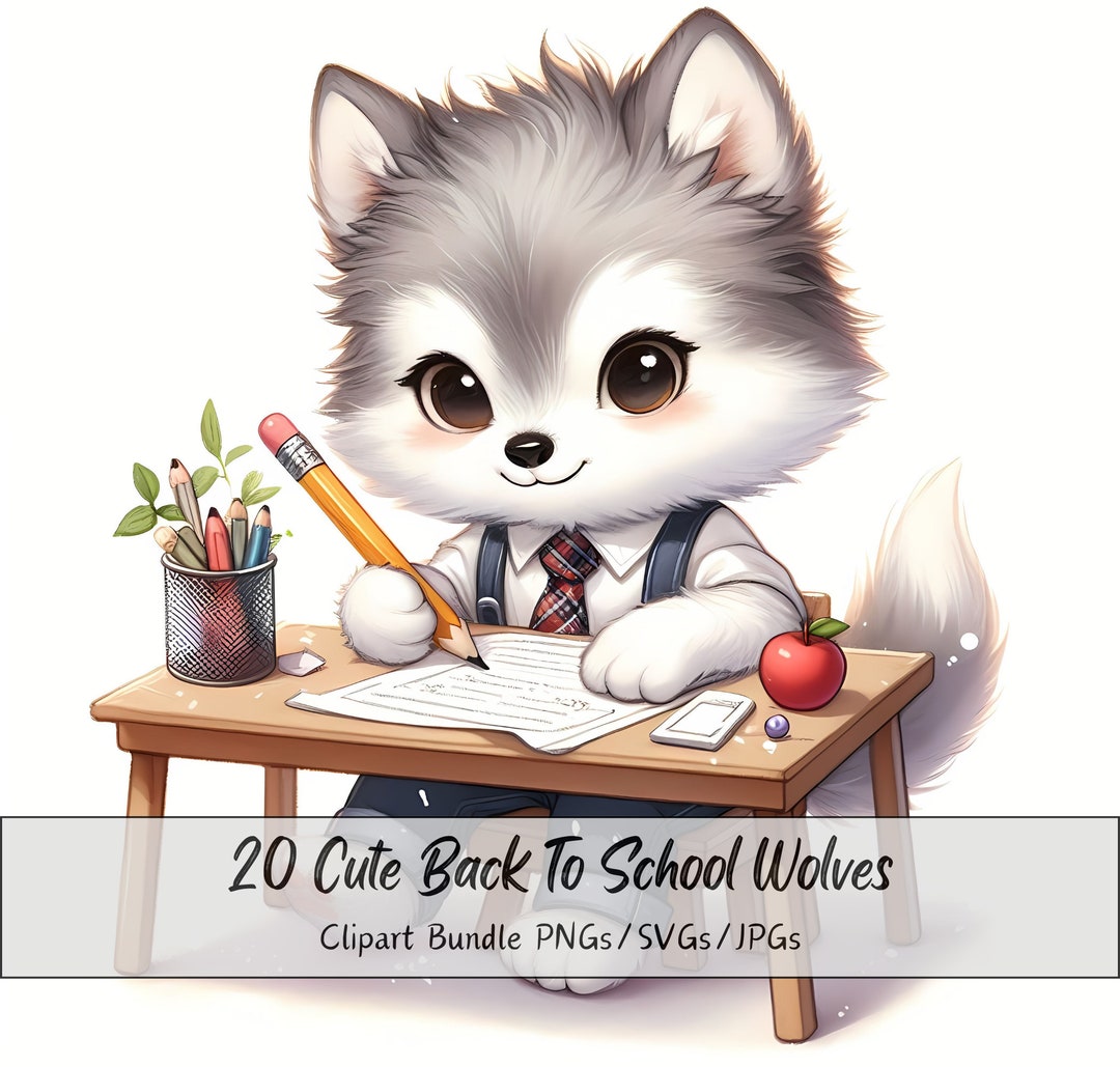 Cute Back to School Wolves Clipart Bundle, Watercolor Wolf Clip Art ...