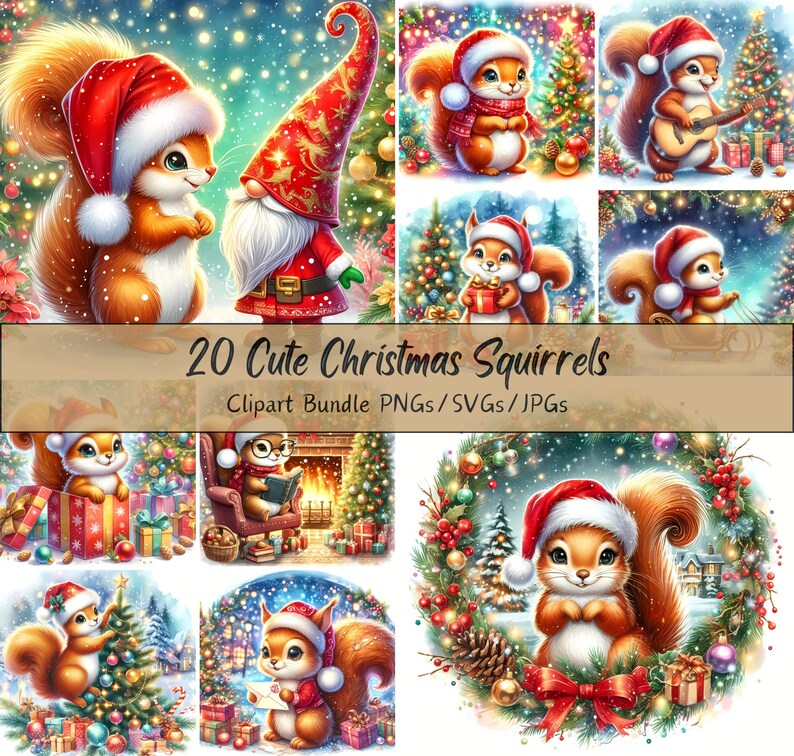 Cute Christmas Squirrels Clipart Bundle, Xmas Squirrel Clip Art Images ...