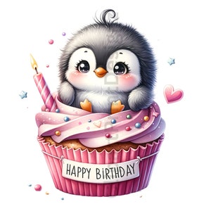 Cute Animals in Happy Birthday Cupcakes Clipart Bundle, Watercolor Clip ...