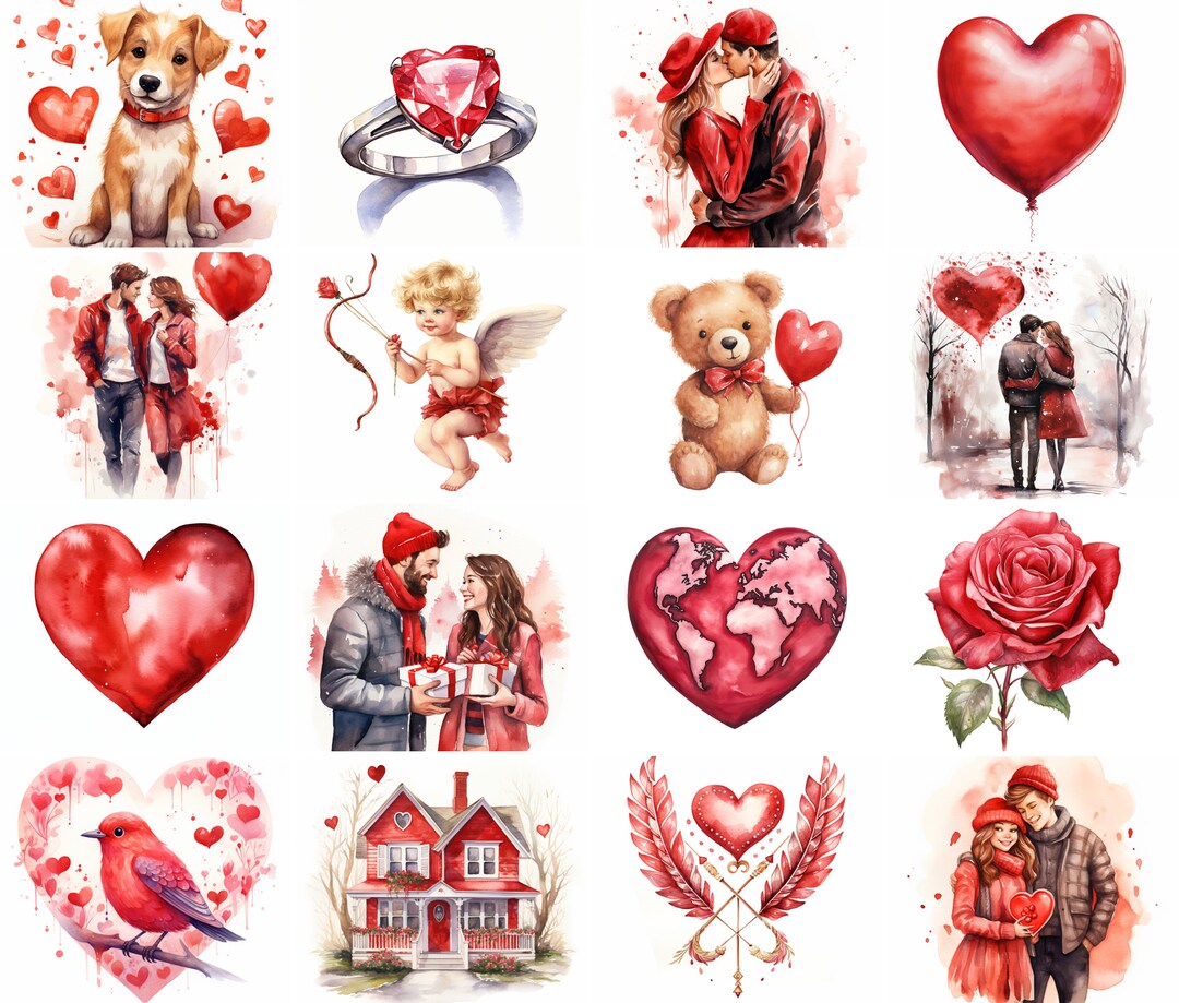 30 Red Watercolor Valentines Day Clipart, Cute Romantic Couple Bundle ...