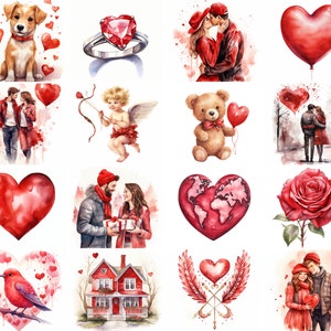 30 Red Watercolor Valentines Day Clipart, Cute Romantic Couple Bundle ...
