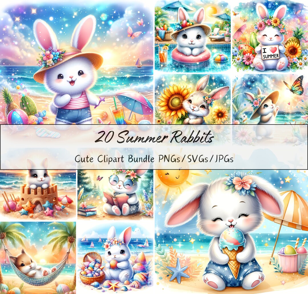 Cute Summer Rabbits Clipart Bundle, Watercolor Rabbit Clip Art Images ...