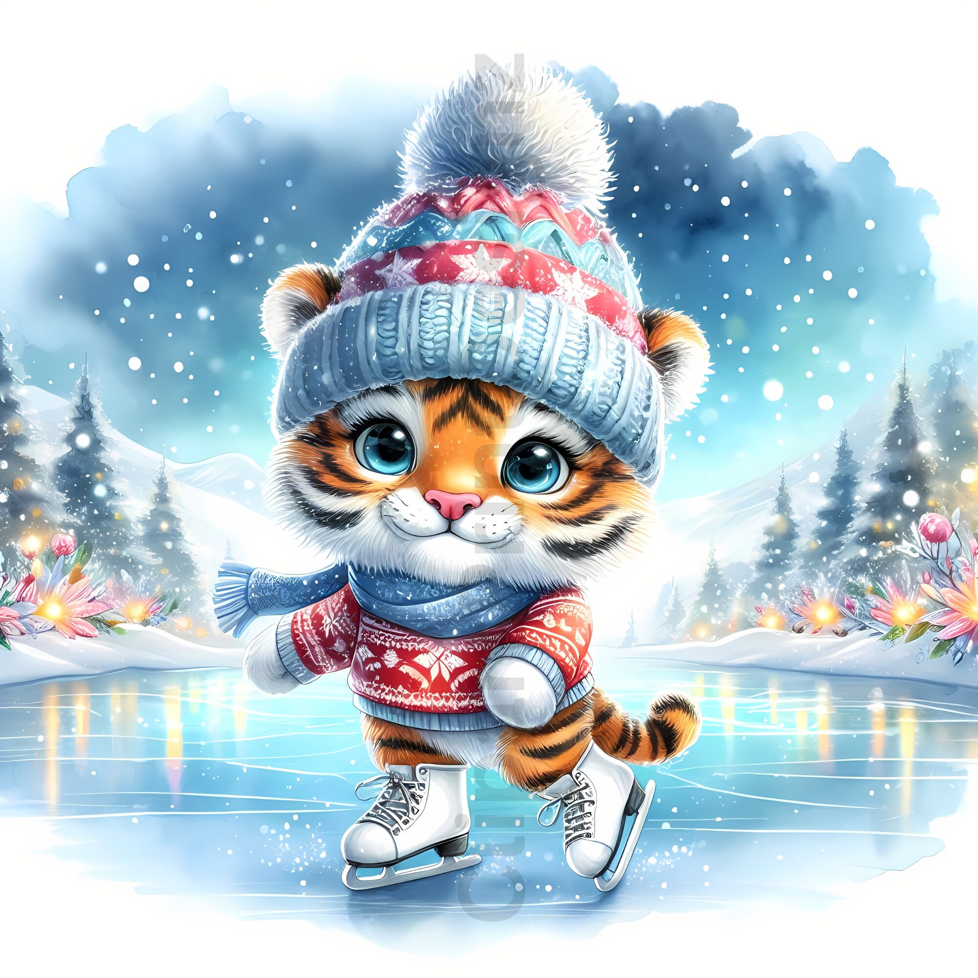 Cute Winter Tiger Clipart Bundle, Festive Watercolor Clip Art Images ...