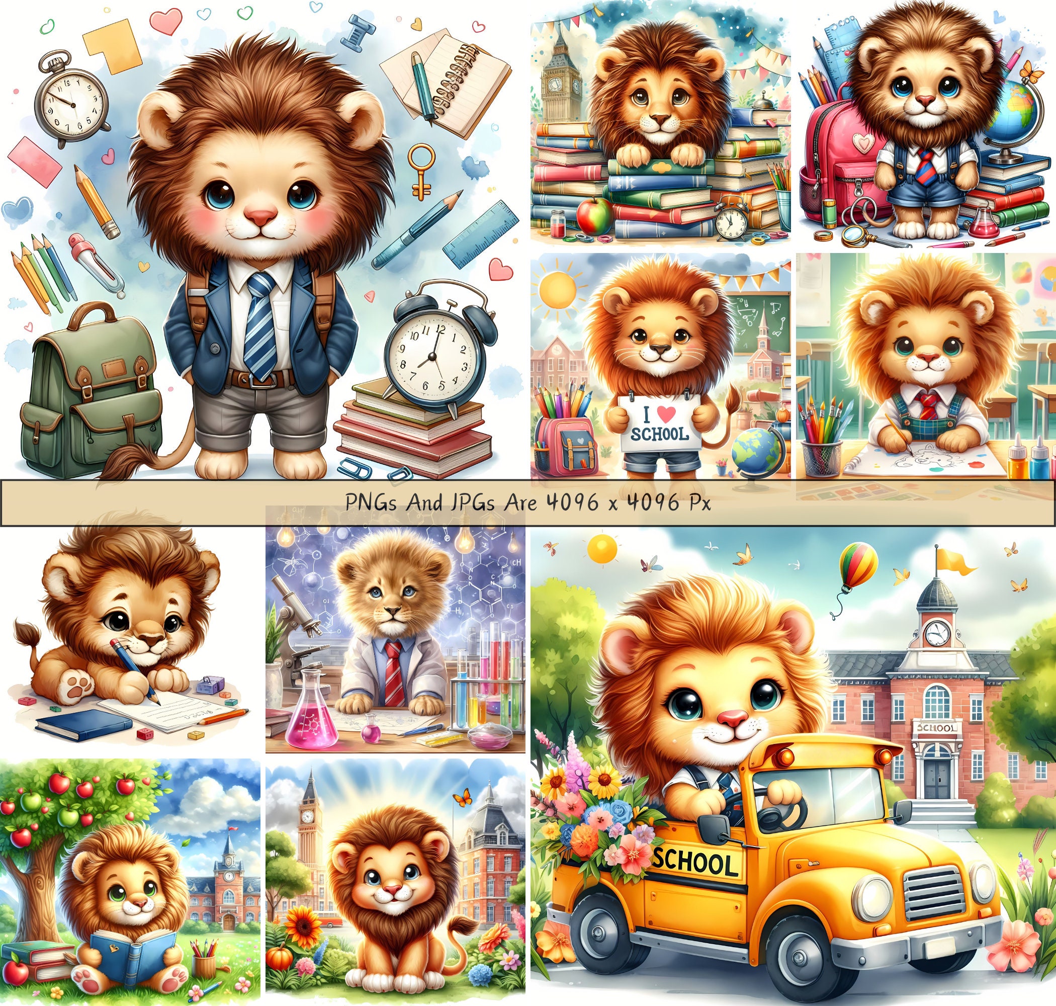 Cute Back to School Lions Clipart Bundle, Watercolor Lion Clip Art ...