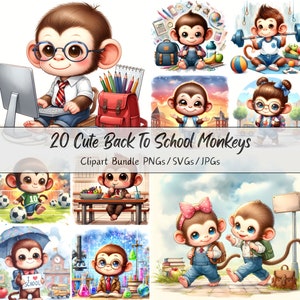 Cute Back to School Moneys Clipart Bundle, Watercolor Monkey Clip Art ...