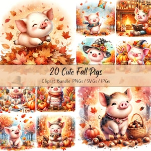 Cute Fall Pigs Clipart Bundle, Watercolor Pig Clip Art Images, High ...