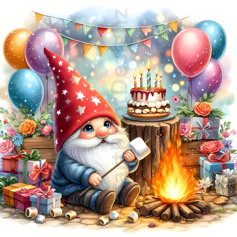 Cute Birthday Gnomes Clipart Bundle, Festive Watercolor Clip Art Images ...