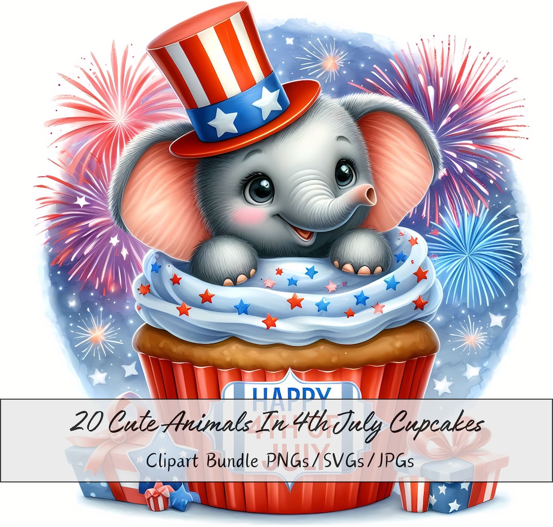 Cute Animals in 4th July Cupcakes Clipart Bundle, Watercolor Patriotic ...