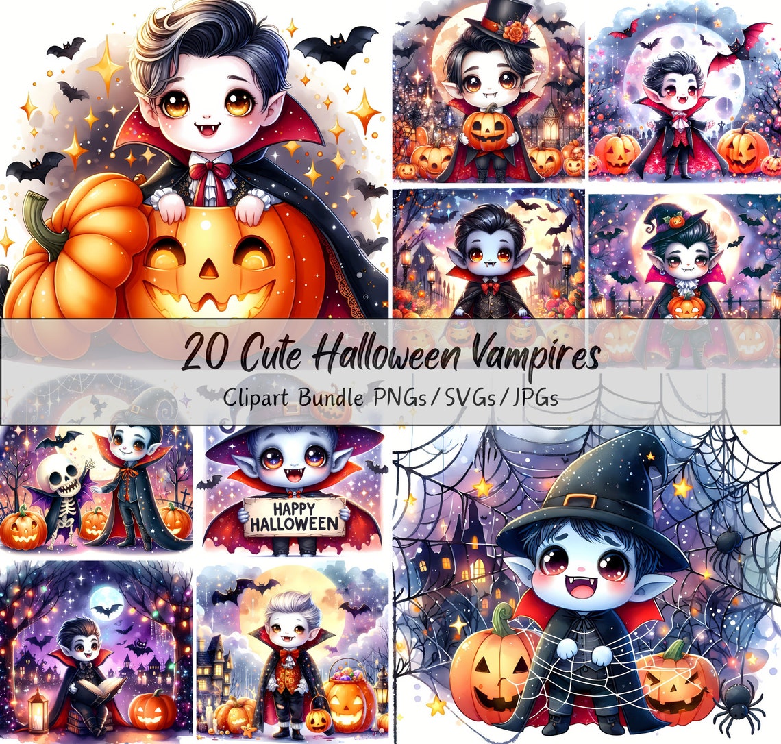 Cute Halloween Vampires Clipart Bundle, Watercolor Vampire Clip Art ...