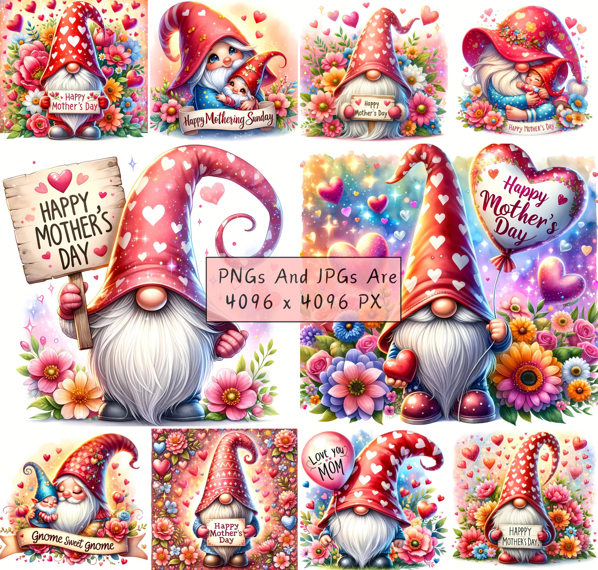 Cute Happy Mothers Day Gnomes Clipart Bundle, Love Gnome, Festive ...