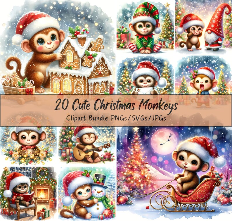 Cute Christmas Monkeys Clipart Bundle, Xmas Monkey Clip Art Images ...