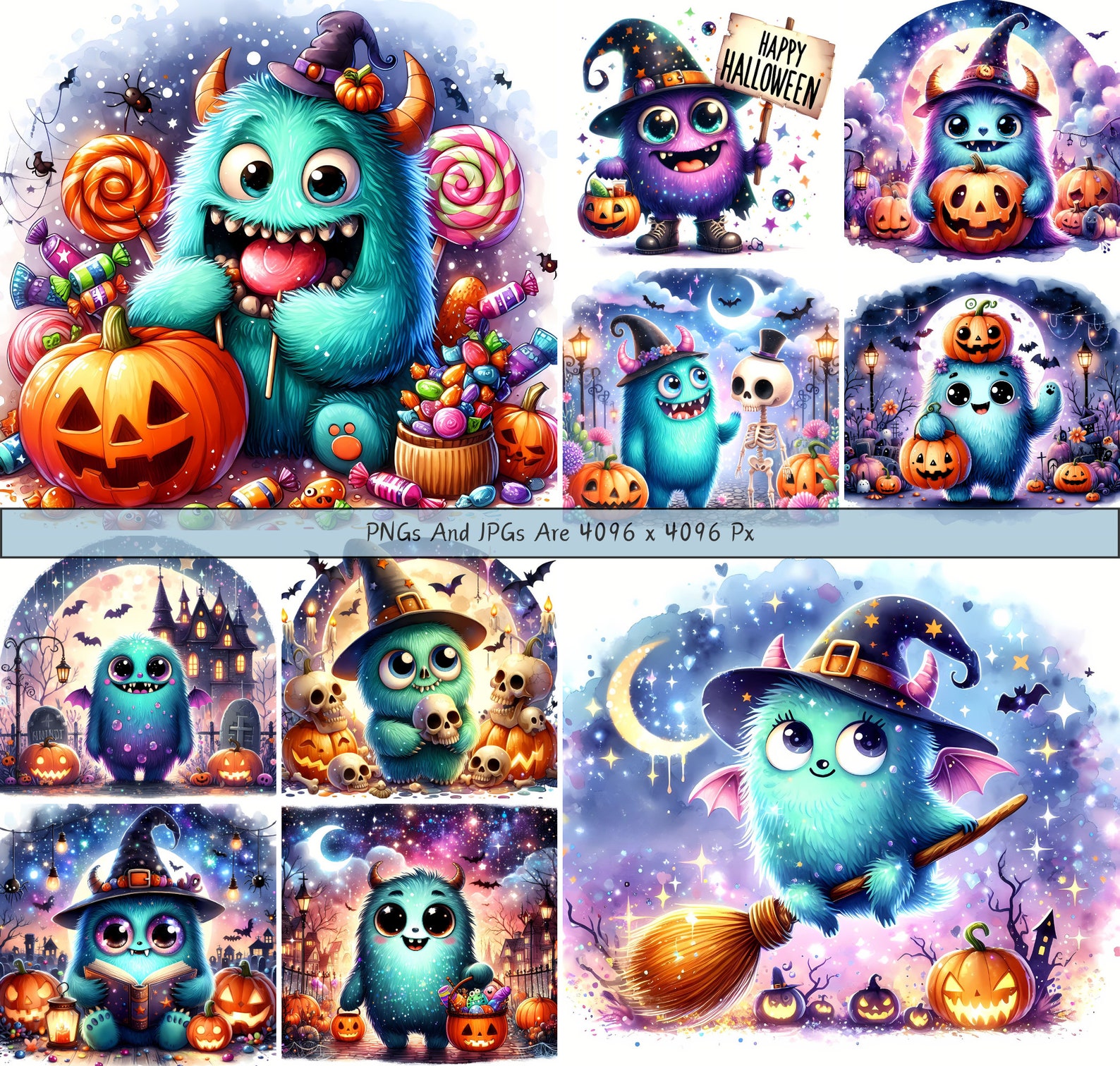 Cute Halloween Monsters Clipart Bundle, Watercolor Monsters Clip Art ...