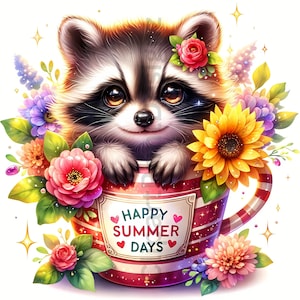 Cute Summer Raccoons Clipart Bundle, Watercolor Raccoon Clip Art Images ...