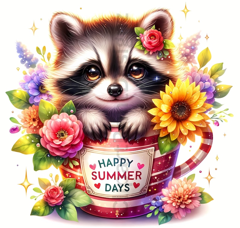 Cute Summer Raccoons Clipart Bundle, Watercolor Raccoon Clip Art Images ...