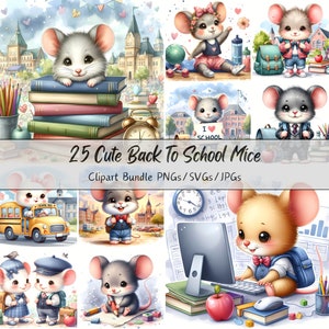 Cute Back to School Mouse Clipart Bundle, Watercolor Mice Clip Art ...