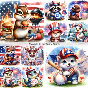Cute 4th July American Animals Clipart Bundle, Watercolor Patriotic ...