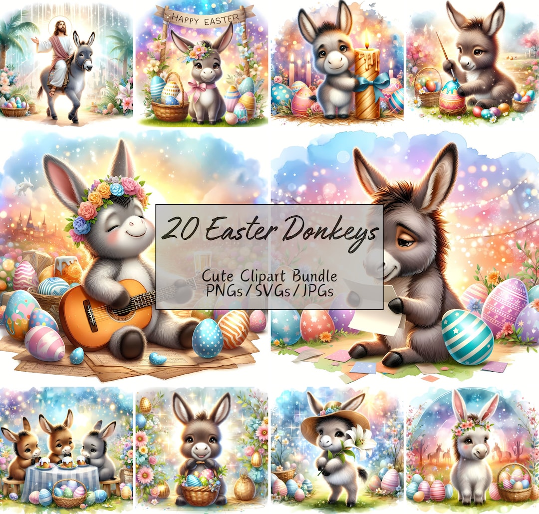 Cute Easter Donkeys Clipart Bundle, Watercolor Clip Art Images, 20 High Quality Pngs/svgs/jpgs ...