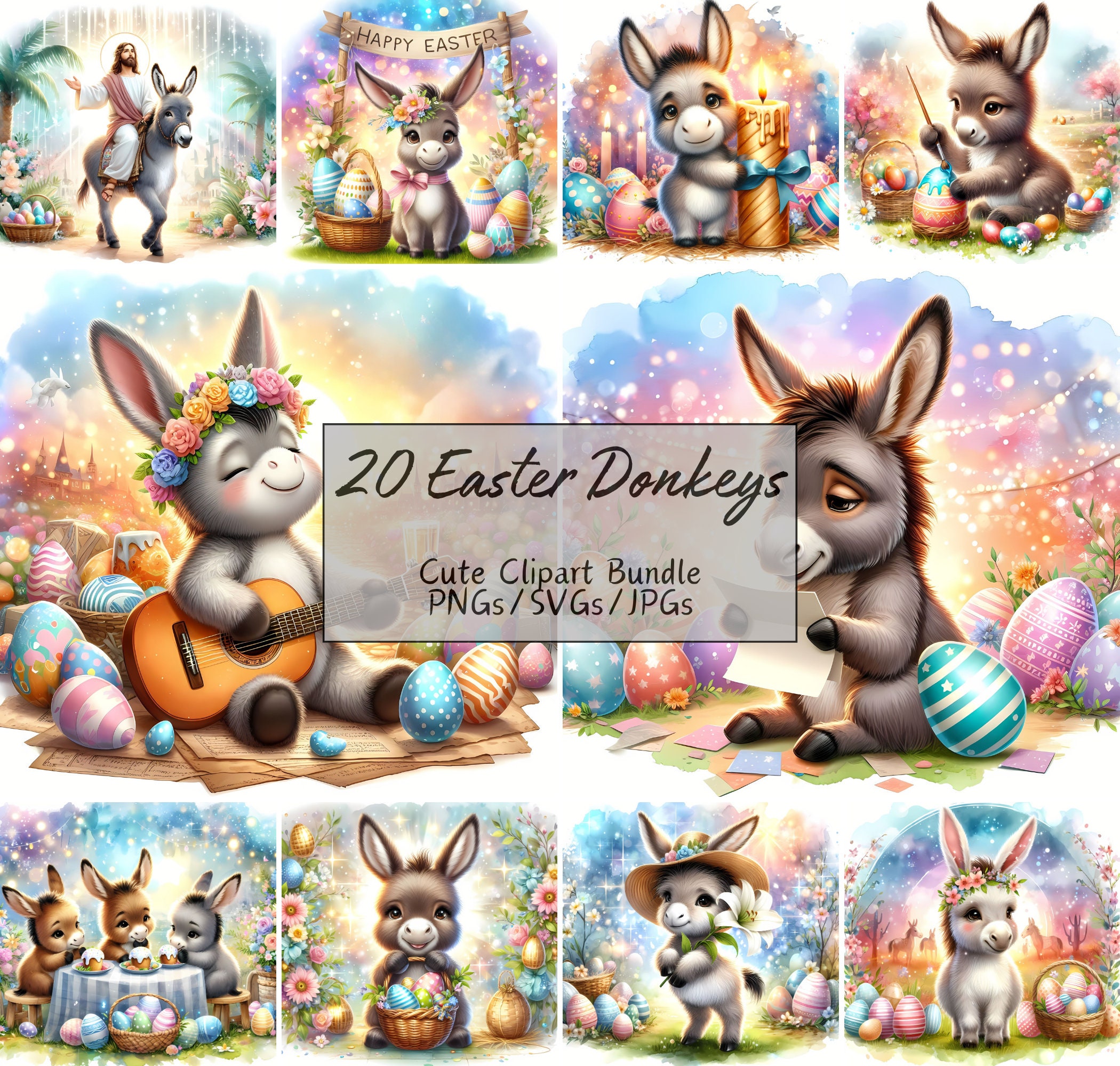 Cute Easter Donkeys Clipart Bundle, Watercolor Clip Art Images, 20 High ...