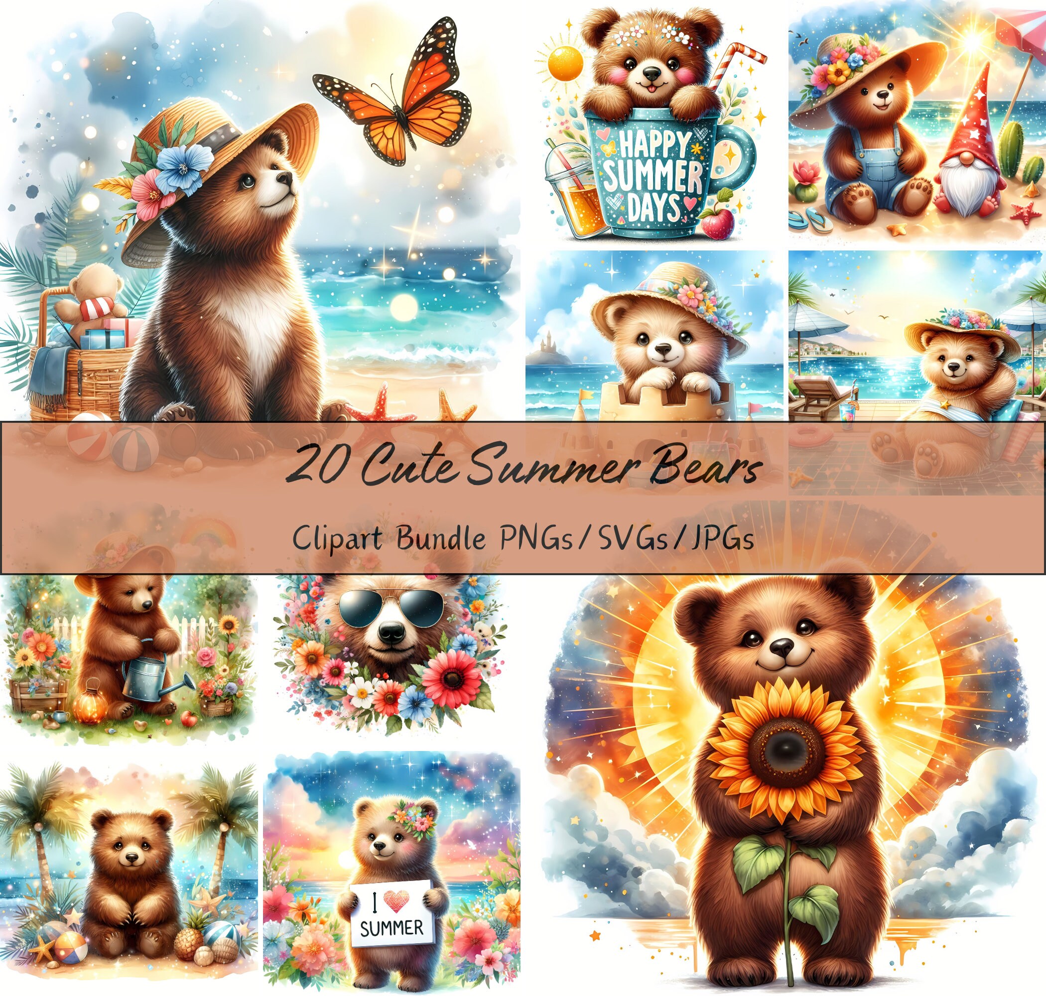 Cute Summer Bears Clipart Bundle, Watercolor Bear Clip Art Images, High ...