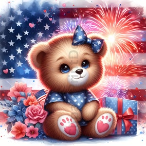 Cute 4th July Teddy Bears Clipart Bundle, Watercolor Patriotic Files ...