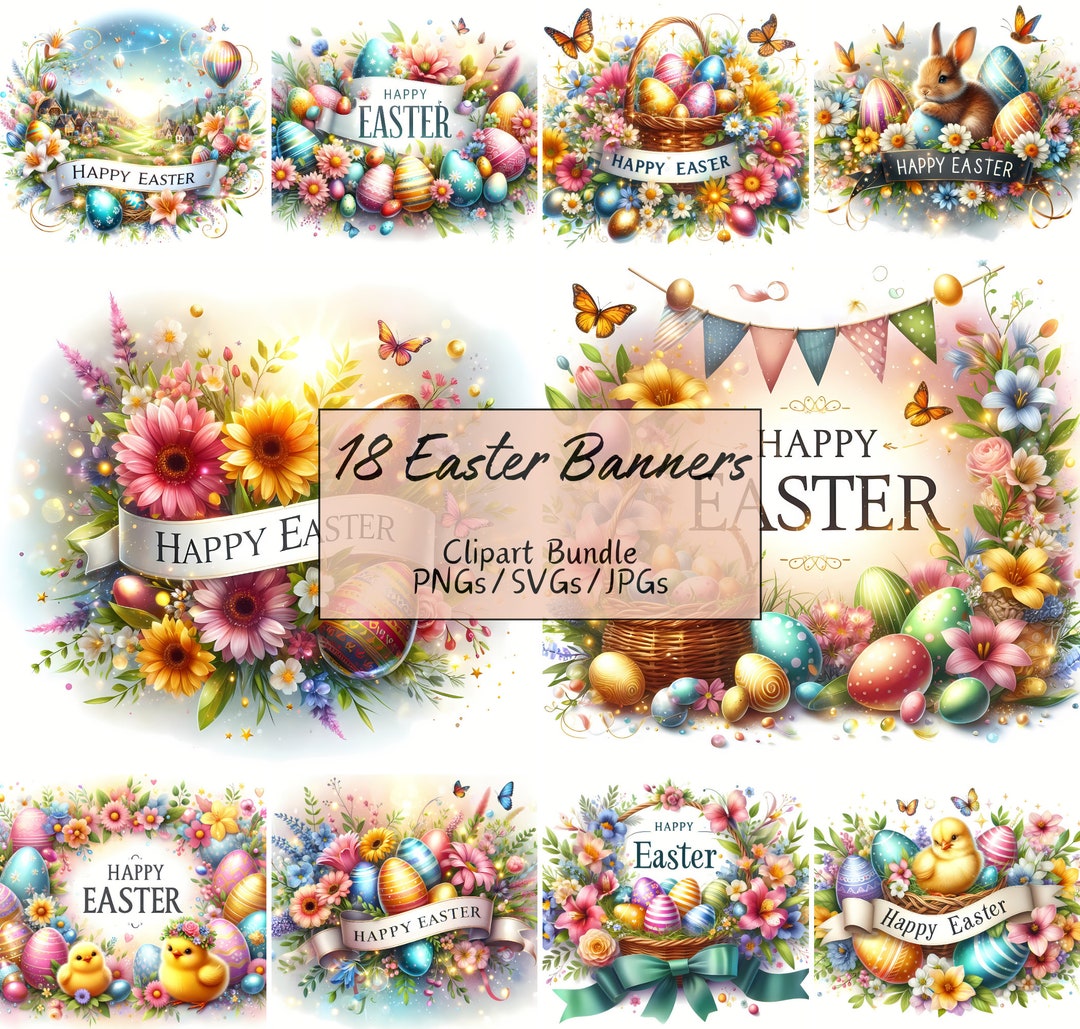 Happy Easter Clipart Bundle, Watercolor Clip Art Images, 18 High ...