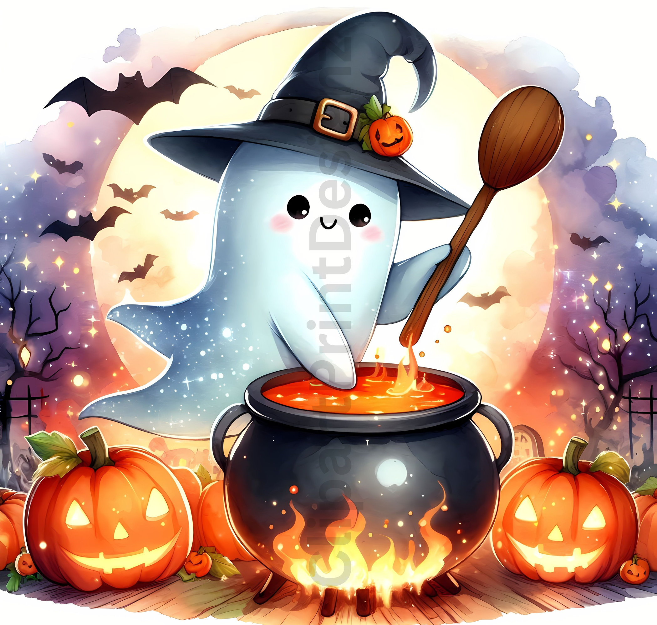 Cute Halloween Ghosts Clipart Bundle, Watercolor Ghost Clip Art Images ...