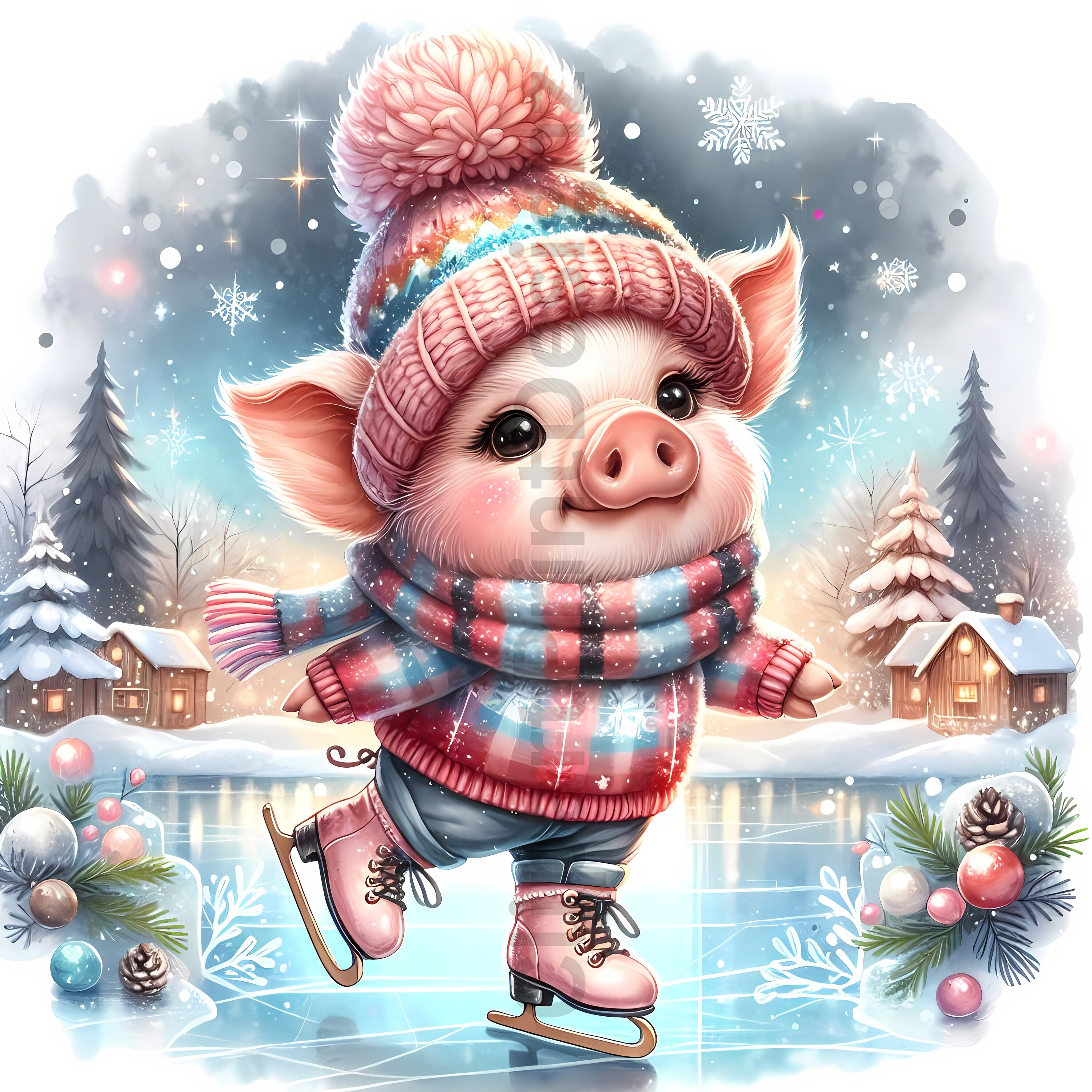 Cute Winter Animals Ice Skating Clipart Bundle, Festive Watercolor Clip ...