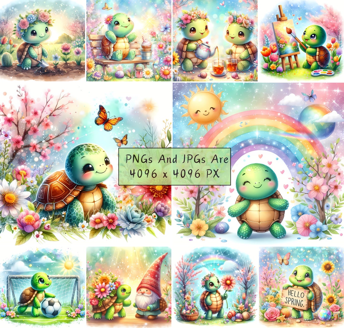 Cute Spring Turtles Clipart Bundle, Watercolor Clip Art Images, 20 High ...