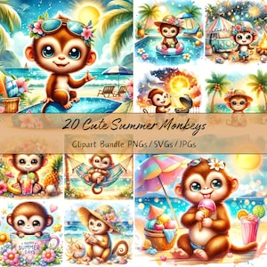 Cute Summer Monkeys Clipart Bundle, Watercolor Monkey Clip Art Images ...