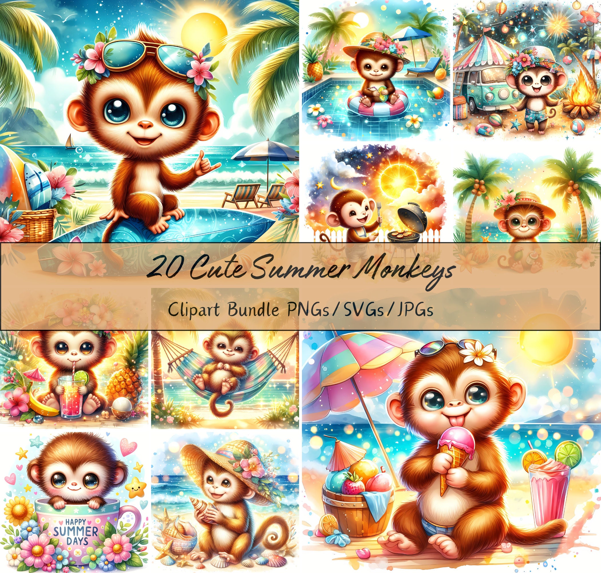 Cute Summer Monkeys Clipart Bundle, Watercolor Monkey Clip Art Images, High Quality Animals ...