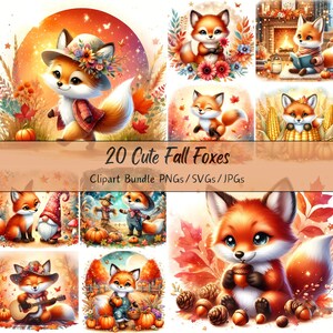 Cute Fall Foxes Clipart Bundle, Watercolor Autumn Fox Clip Art Images ...