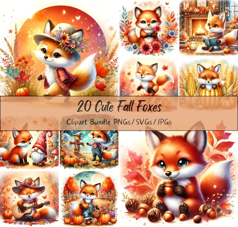 Cute Fall Foxes Clipart Bundle, Watercolor Autumn Fox Clip Art Images ...