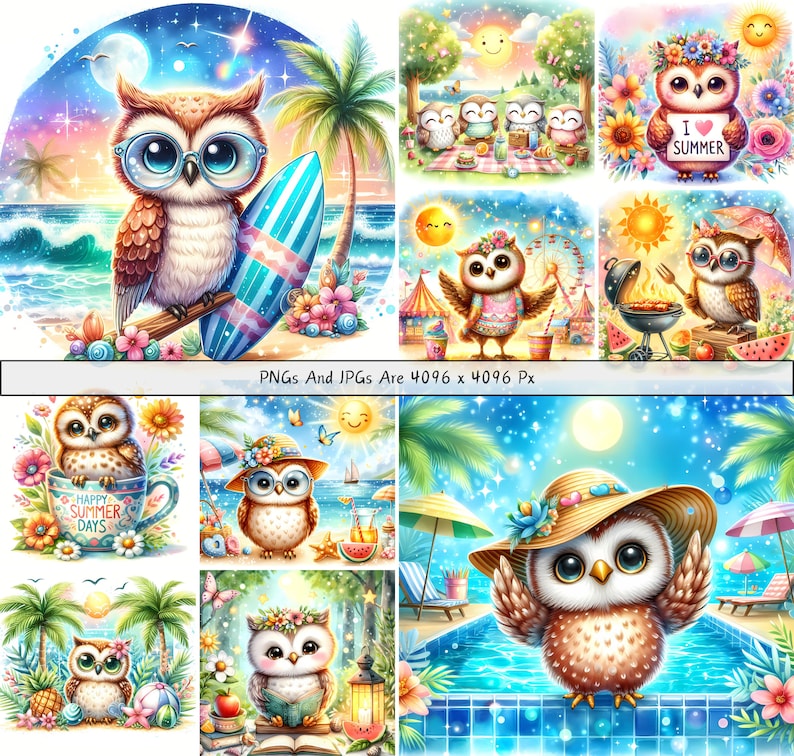Cute Summer Owls Clipart Bundle, Watercolor Owl Clip Art Images, High ...