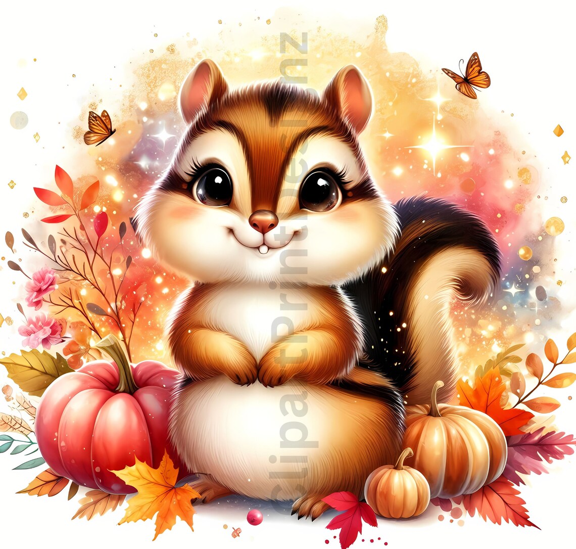 Cute Fall Chipmunks Clipart Bundle, Watercolor Autumn Chipmunk Clip Art ...