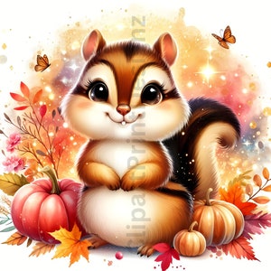 Cute Fall Chipmunks Clipart Bundle, Watercolor Autumn Chipmunk Clip Art ...